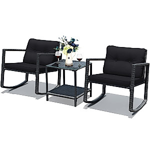 Tangkula 3 Pieces Patio Wicker Rocking Bistro Set, Outdoor Rocking Chair Furniture Set w/Cushioned Seat, Conversation Set w/Glass Coffee Table and Storage Shelf (Black)