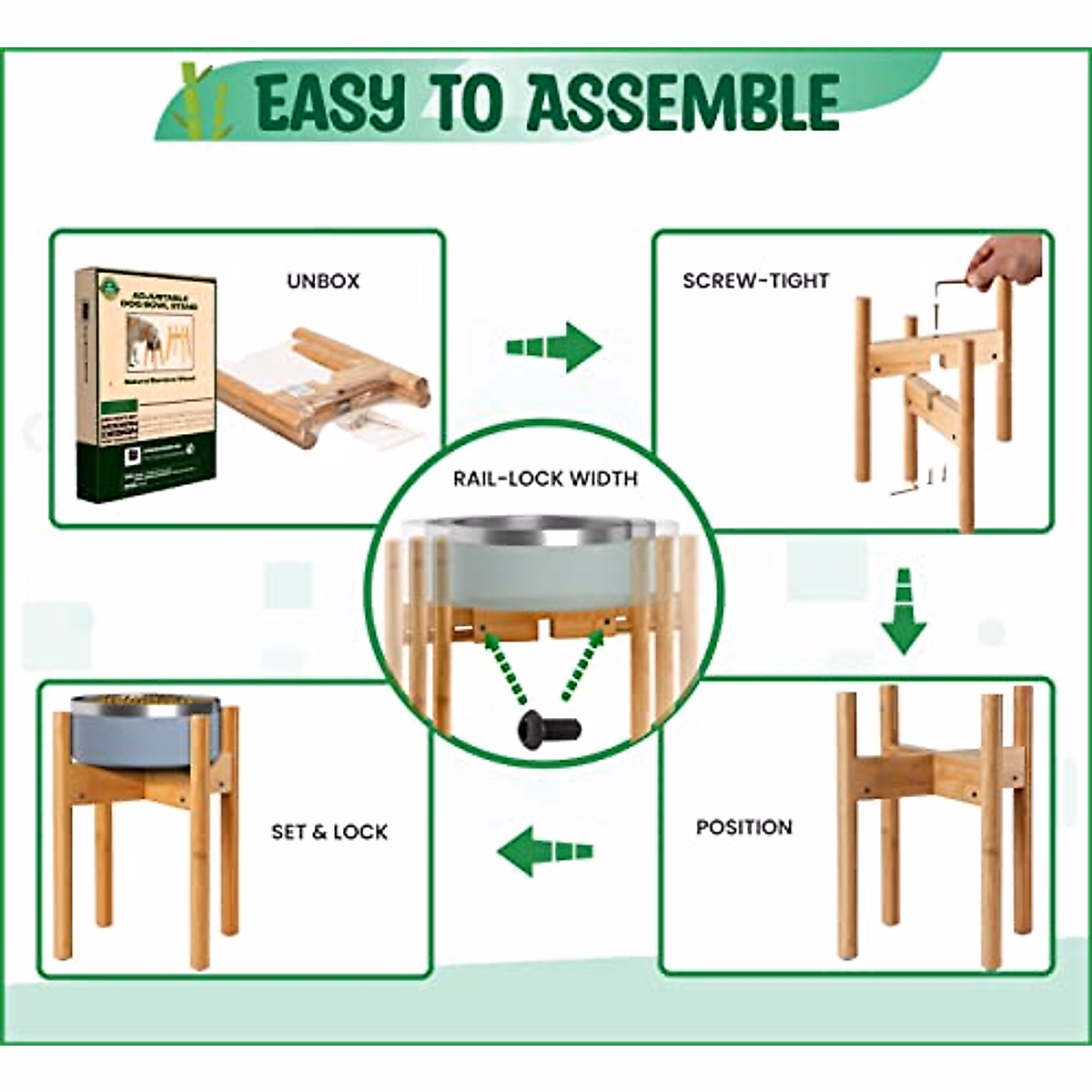Dog Bowl Stand for Large Dogs - Height 14-inch, Adjustable, Lockable Width 8-11inches Wide - Food and Water Feeder Holder - Bamboo