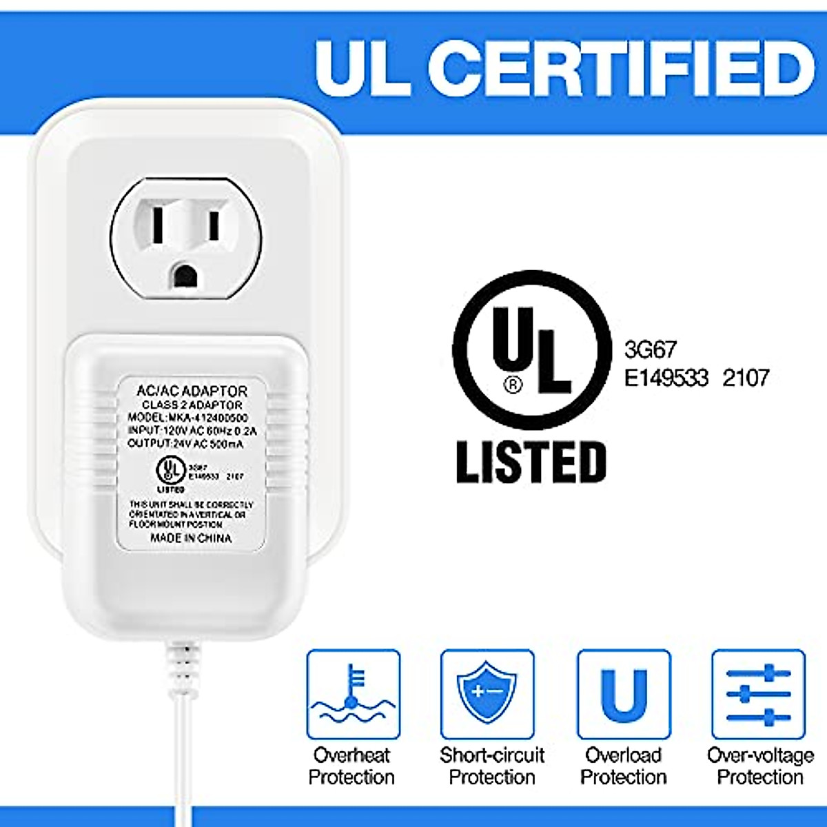 Dreyoo AC 24 Volt Transformer Compatible with Ring Video Doorbell, 197 Inch Long C Wire Adapter with 48PCS Cable Clips Compatible with Ecobee,Sensi, Wyze, Eufy Thermostat