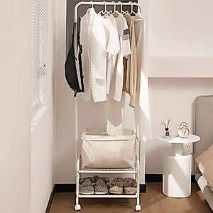 Hall tree Rack on wheels ,3 sections Laundry Cart on Entrance with shoe Storage Frames, top metal Garment Hanger rob, a removable Laundry Bag for organiser or storage,metal coat rack (white)