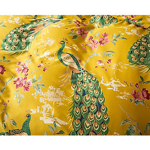 Eikei Chinoiserie Chic Peacock Floral Duvet Cover Paradise Garden Botanical Bird and Tree Branches Vintage Stylized Long Staple Cotton Bedding Set (Queen, Citrine)