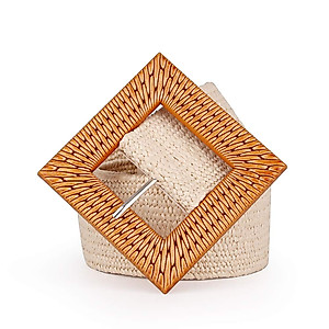 Women Belts For Dresses, Elastic Straw Rattan Waist Band With Large Buckle