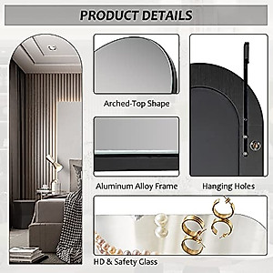 Kasibie Arched Full Length Mirror, 47"x14.5" Wall Mounted Mirror, Over The Door Hanging Mirror, Leaning Against Wall Mirror, Sleek Arched Mirror for Bedroom Living Room (Black)