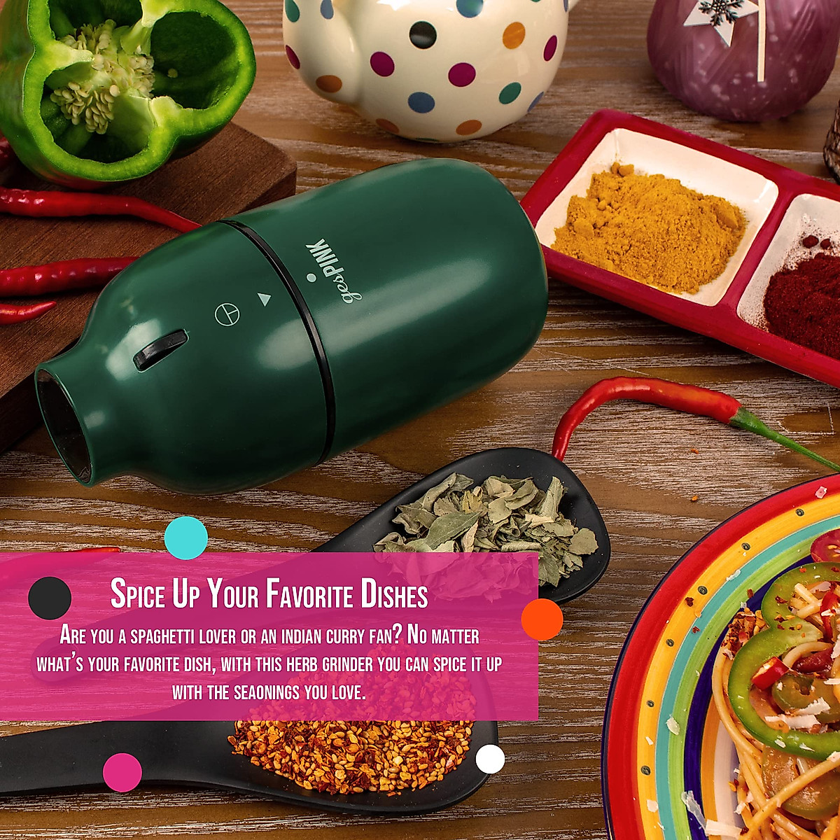 gesPINK Herb Grinder, Electric Spice Grinder, Automatic Grinder for leaves, beans, nuts, seeds, grains, Coffee Grinder with Stainless Steel Cup, Easy to Use and Clean, with Spoon and Brush (Green)