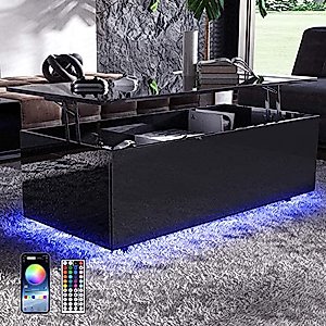 High Gloss Lift Top Table with Led Lights, Led Coffee Table with Storage Shelf and Hidden Compartment for Home Living Room Reception Room Office, Black