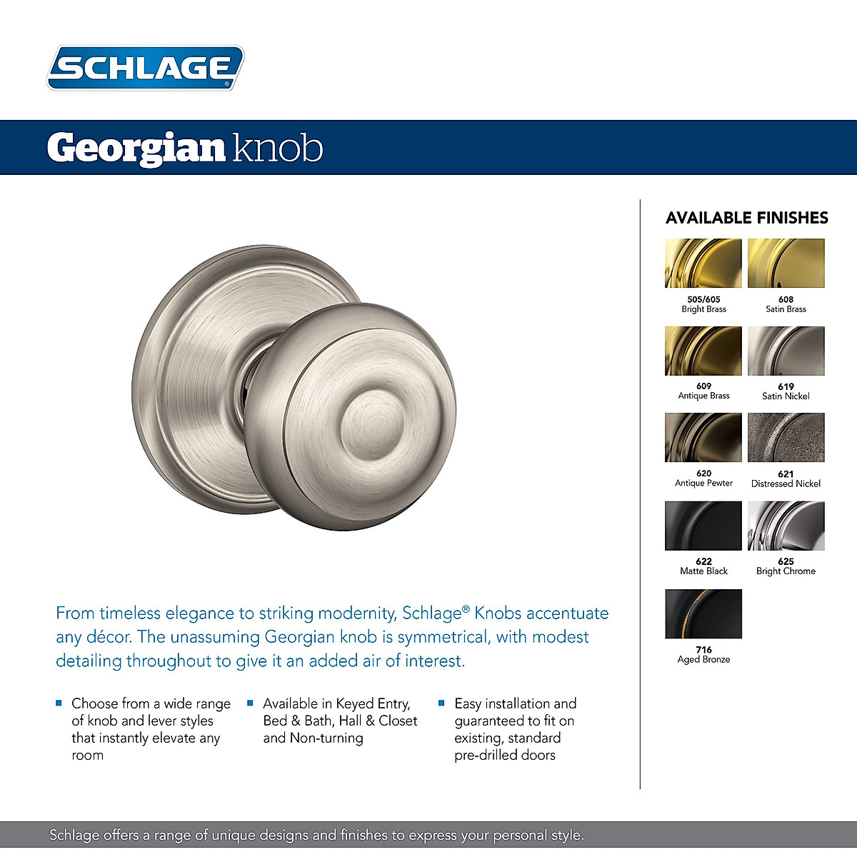 Schlage F40 GEO 716 Georgian Door Knob, Bed & Bath Privacy Lock, Aged Bronze