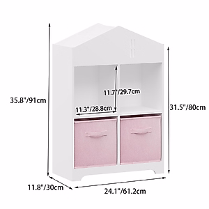 Tzou Kids Dollhouse Bookcase with Storage, Toddler Bookshelf, 2-Tier Storage Display Organizer with 2 Collapsible Fabric Drawers for Boys Girls Bedroom, Playroom House Bookshelf White+Pink