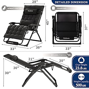 UDPATIO Oversized Zero Gravity Chair 33In XXL Patio Reclining Chair with Cushion, Outdoor Folding Recliner with Pillows|Cup Holder|Foot Rest|Padded Headrest, Black, Support 500LB