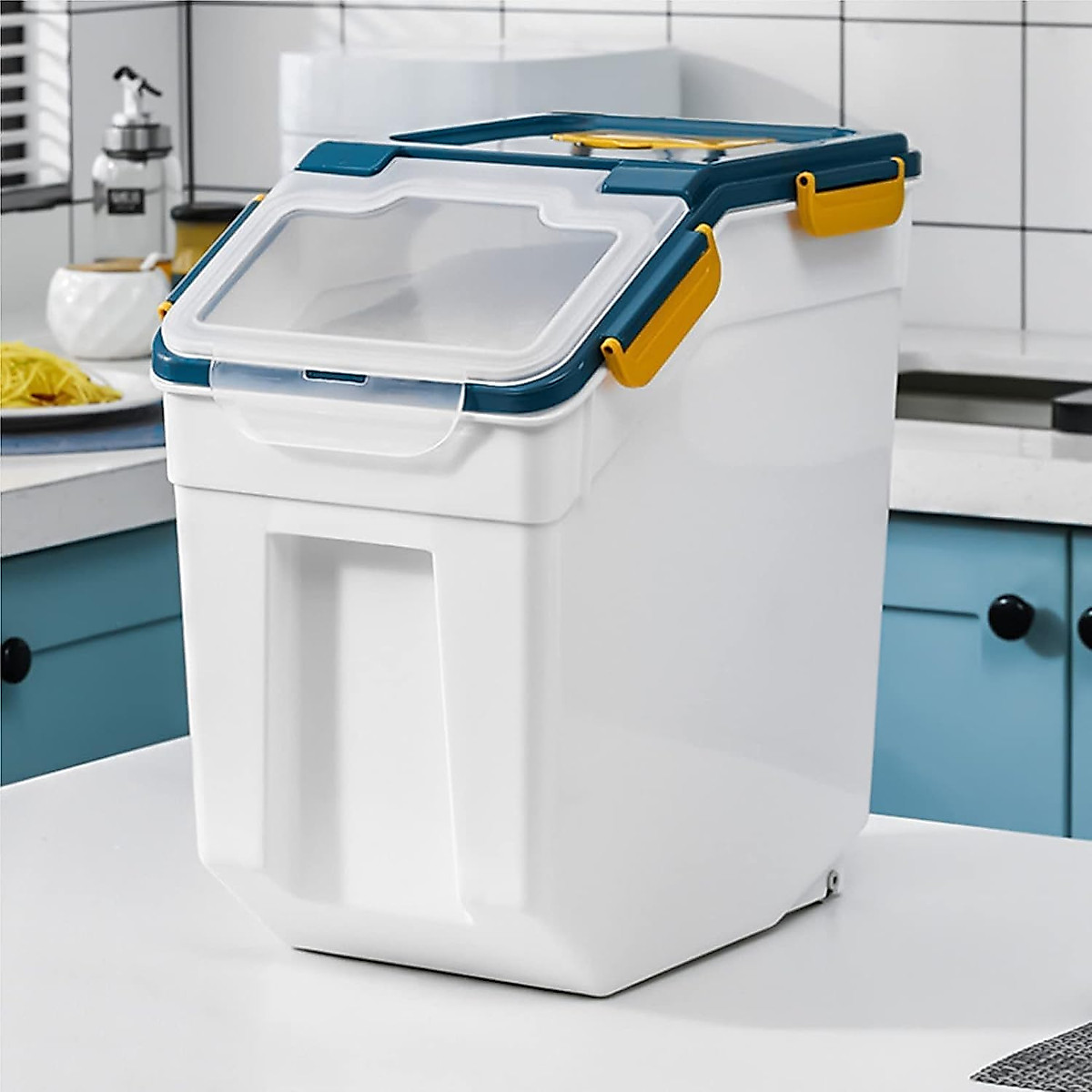 MXCELL 2 Pack 50lb Rice Dispenser Large Airtight Flour Holder 25LB Dog Food Storage Container Plastic Grain Bin with Spoon and Measuring Cup for Kitchen Pantry Counter Top (Blue)