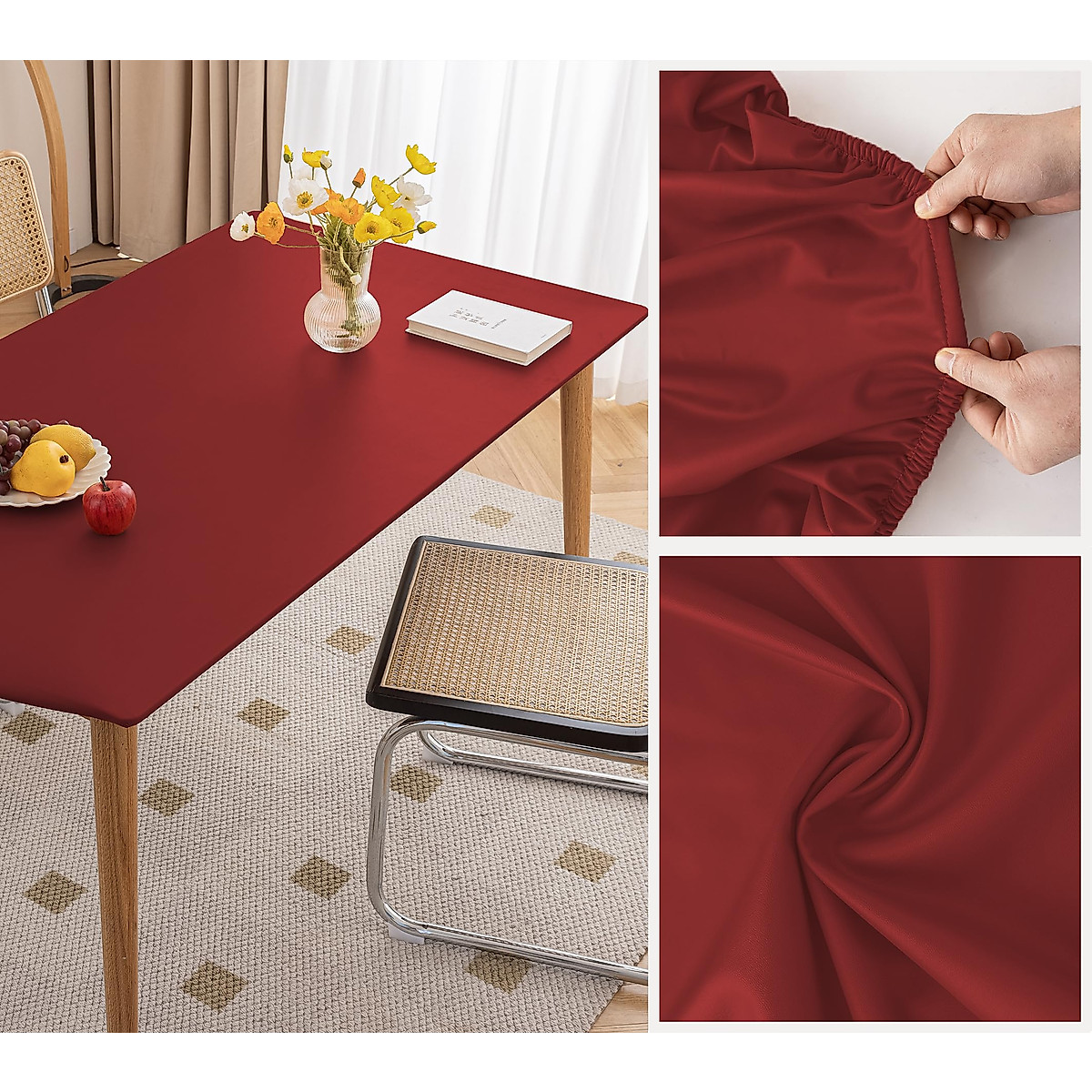 Huierxun PU Stretch Fitted Rectangle Tablecloth with Elastic Edge 35 x 55 Inch Waterproof Oil Proof Table Cloth Wipeable Table Cover for Indoor Outdoor Furniture Protect (Red,35"x55")