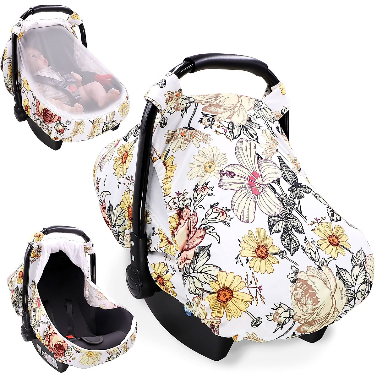 Floral Car Seat Insert,Cushion for Stroller, Swing, Bouncer, 2-in-1 Reversible, Floral Baby Car Seat Cover for Girl,Infant Carseat Canopy Sun Cover，Baby Carrier Cover with Zipped Peep Windows