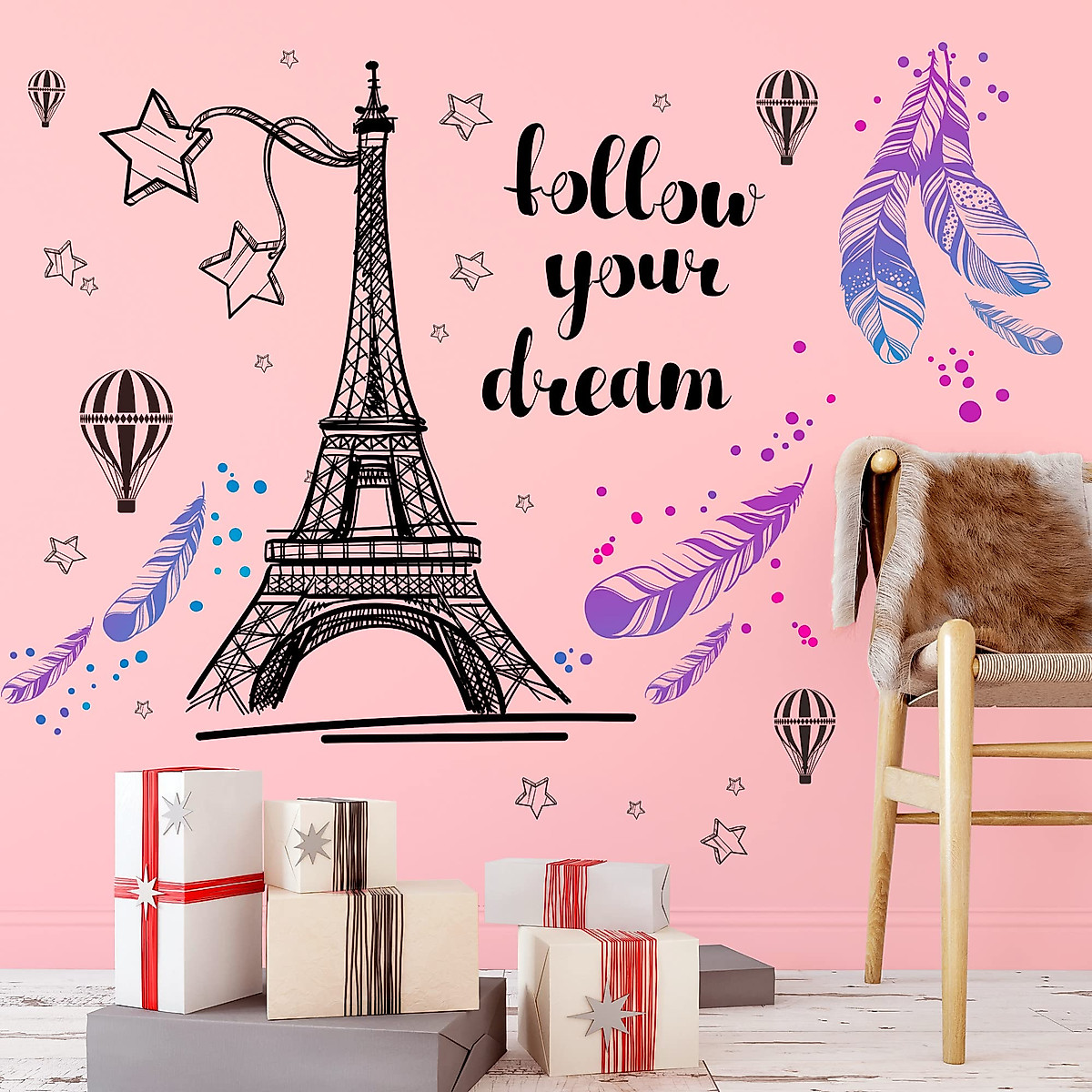 RW-4939 Giant Eiffel Tower Wall Decals Purple Feather Stars Vinyl Wall Stickers DIY Removable Balck Unique Paris Hot Air Balloons Stars Decor for Kids Teens Bedroom Living Room Nursery Decoration