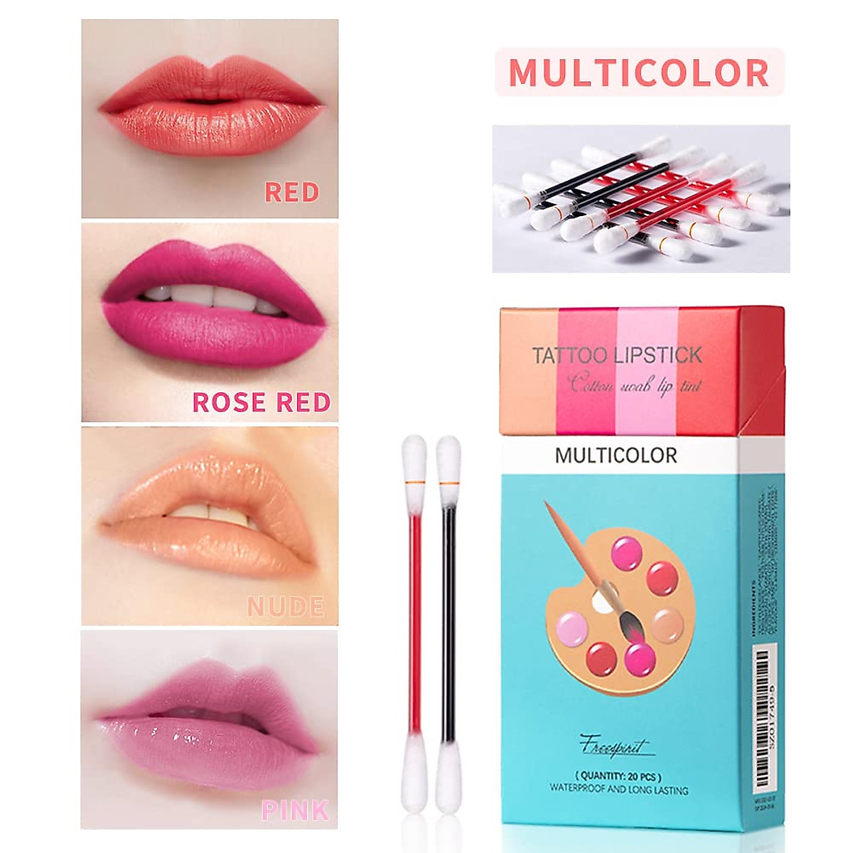Eliversion 20Pcs Waterproof Non-Stick Lip Tint Cotton Swab, Long Lasting Matte Lip Gloss Applicator