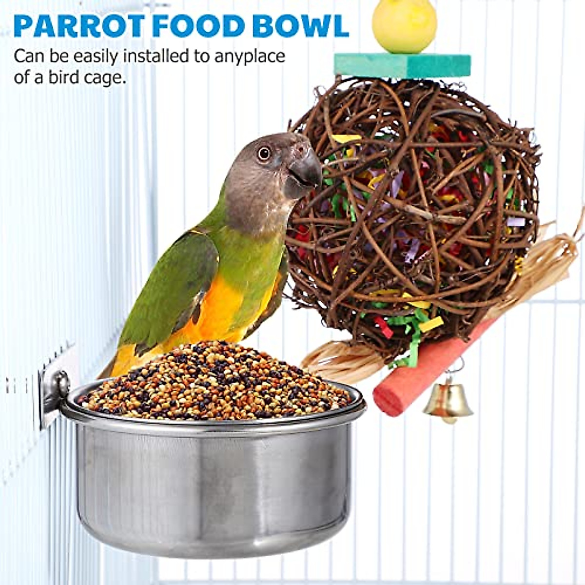 Balacoo Bird Feeding Cup - Bird Cage Water Food Bowl with Bird Chewing Toys Foraging Shredder Toy for Parakeet African Greys Conure Cockatiels Bird Cage Accessories