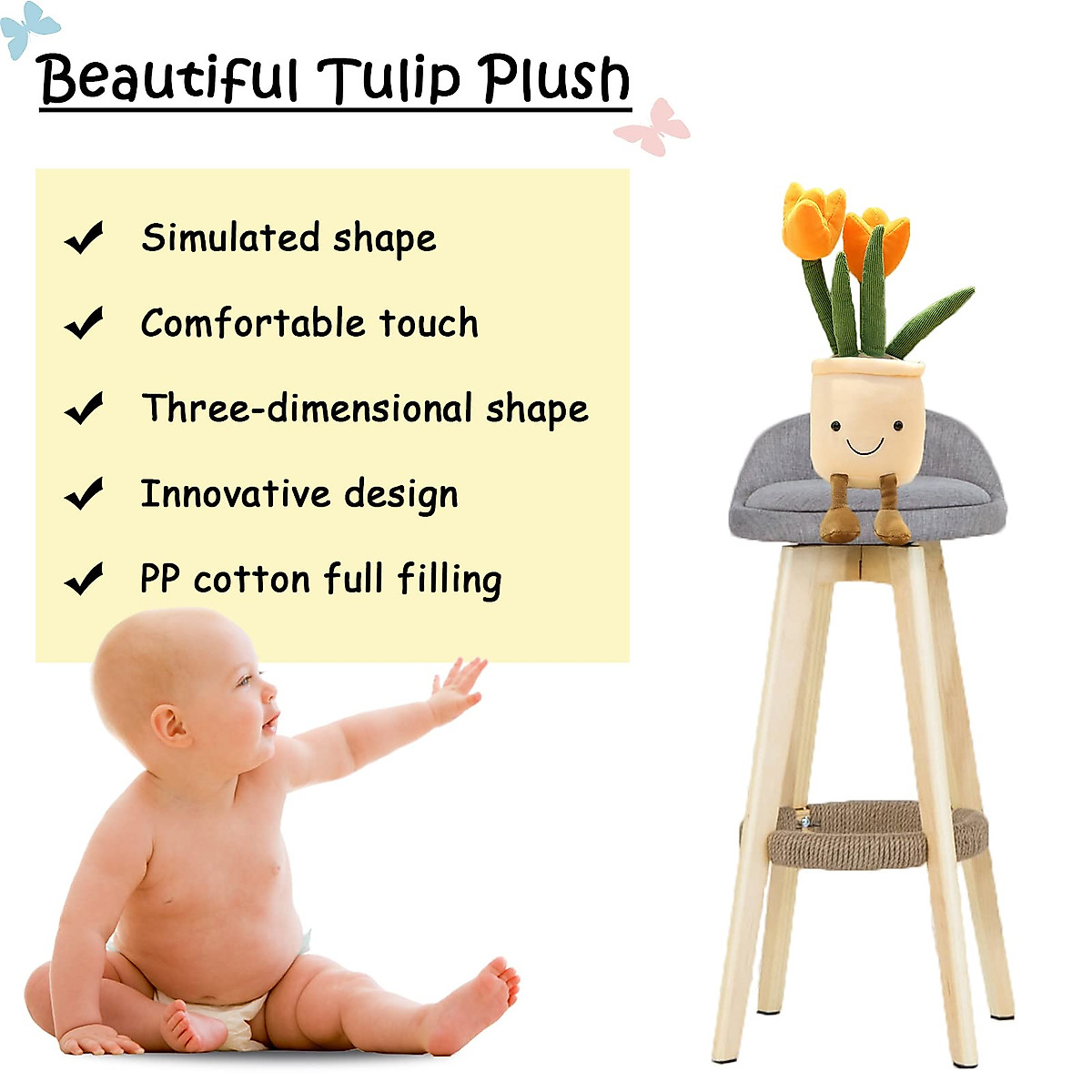 zhidiloveyou Tulip Plant Plush Toy, Stuffed Orange Flower Pot, Kawaii Plushie for Kids 13.78"