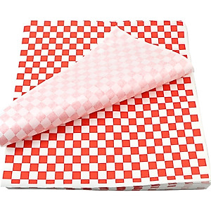 Oomcu 200 Sheets Red and White Checkered Dry Waxed Deli Paper Sheets, Paper Liners for Plastic Food Basket, Special for Wrapping Bread and Sandwiches(11.5''x11.5'')