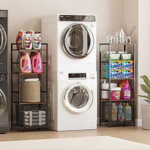 4-Tier Standing Storage Shelves, Narrow Shelving Unit for Small Places, Metal Wood Combination Storage Shelf Rack with Wire Basket,Adjustable Utility Shelf for Bathroom Kitchen Laundry Garage