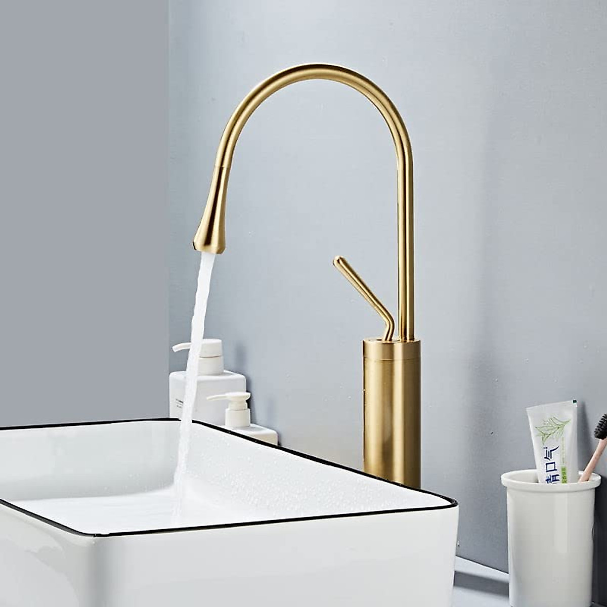 Luxury High Arc Single Handle One Hole,Tall Modern Bathroom Vessel Sink Faucet, Solid Brass Lavatory Vanity Faucet, Free Pop Up Drain Assembly and Water Hoses. cUPC Certified (Brushed Gold)