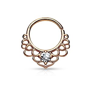 Rose Gold IP CZ Tribal Lotus Filigree Bendable Cartilage Septum Rings - Rose Gold