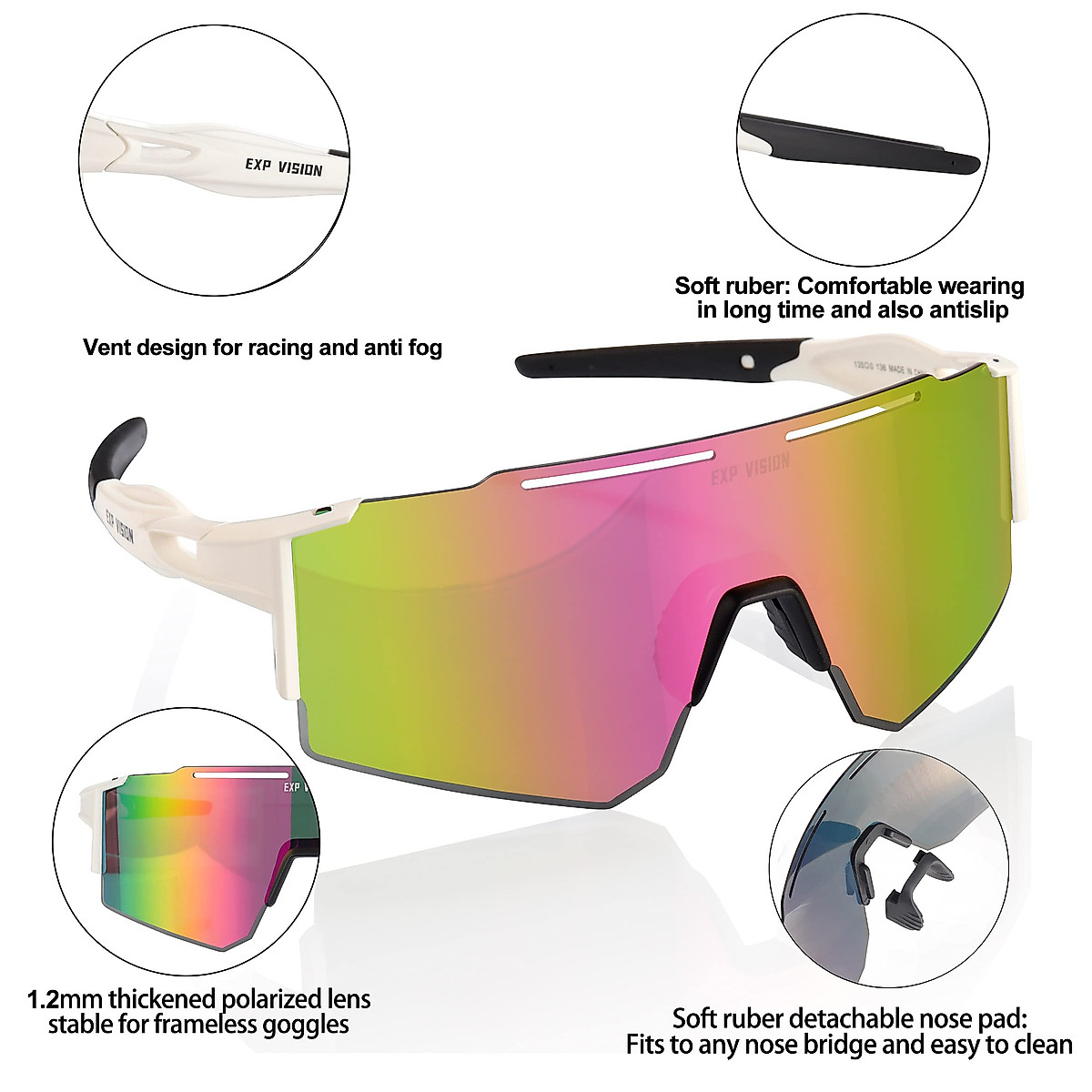 EXP VISION Polarized Cycling Glasses, UV 400 Sports Sunglasses Biking Goggles Running Hiking Golf Fishing Driving (Pink)