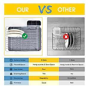 TOOLF Dish Rack, Large Capacity, Dish Drying Rack with Cutlery Holder, Removable Drip Tray, Cup Holder, Compact Kitchen Drainers for Countertop, Grey