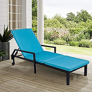 YODOLLA Outdoor Rattan Chaise Lounge Chair with Adjustable Backrest, Wicker Reclining Lounge Chair w/Removable Cushion and Wheels for Beach, Patio, Garden, Porch, Poolside, Backyard, Balcony, Blue