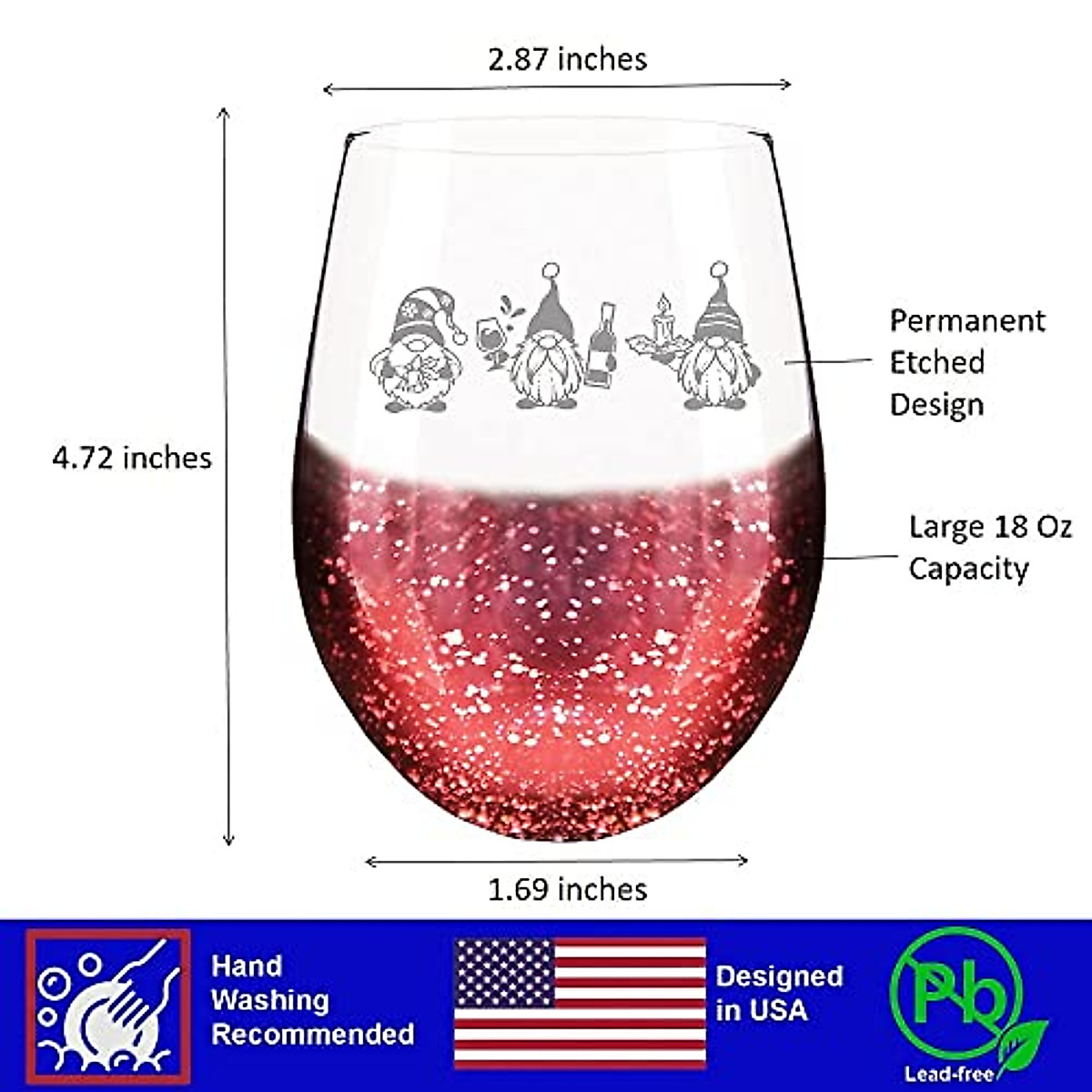 Christmas Gnome Etched Stemless Wine Drinking Glasses Glassware Set of 4