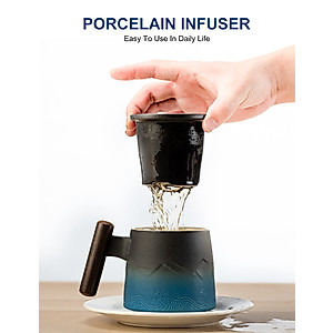 suyika Ceramic Tea Cup with Infuser and Lid Tea Mugs Wooden Handle for Steeping Loose Leaf Tea 400ml, 13.5 oz, Gradient Navy Blue & Black