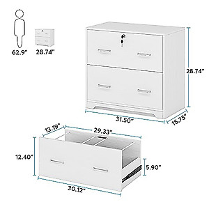 LITTLE TREE Lateral File Cabinet with 2 Drawers, 31.5 Inches Large Filing Cabinet for Hanging Letter/Legal/F4/A4 Size Files with Lock, Home Office, White
