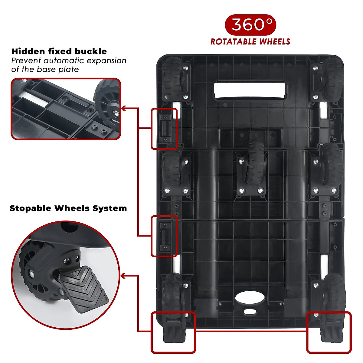 Subron Folding Hand Truck, 600lbs Foldable Heavy Duty Luggage Cart with 7 Tank Wheels, 3-Stage Retractable Portable Large Platform Utility Dolly Cart for Moving, Travel, Shopping, Office Use