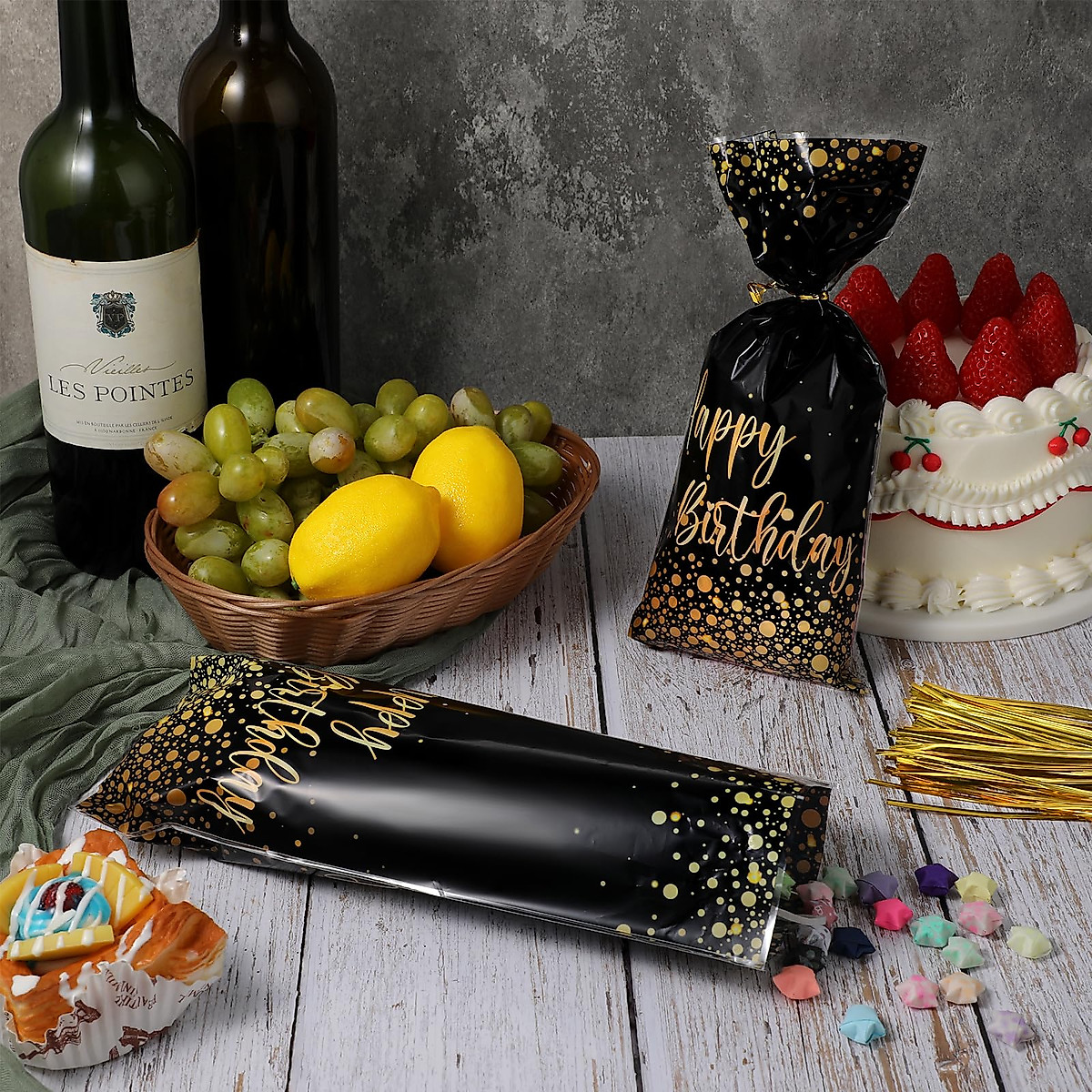 100 Pcs Black Gold Party Favor Gift Bags Plastic Party Treat Bags Foil Dot Candy Goodie Treat Bags with 100 Gold Twist Ties for Kids Birthday Party Supplies