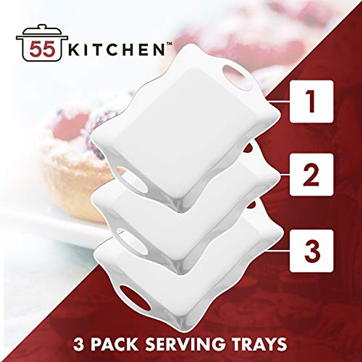 Premium Food Serving Trays (Set of 3) by 55Kitchen Stackable BPA-Free Plastic Tray Set - Dishwasher Safe Plastic Trays For Use At Home, Parties and Events - Acrylic Tray Set