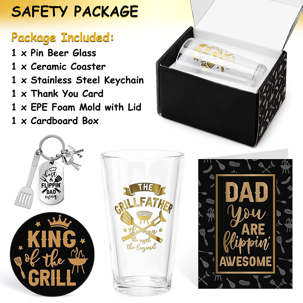 Grill Father Gift Set Funny 16oz Whiskey Beer Glass BBQ Grilling Best Dad Ever Keychain King of the Grill Coaster Gift Blanck Gold Thank You Card for Dad Husband Fathers Day Christmas Gift for Men