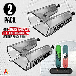ARCADE Skateboard Wall Mount Rack Hanger 2 Pack Horizontal or Vertical Display (Clear)