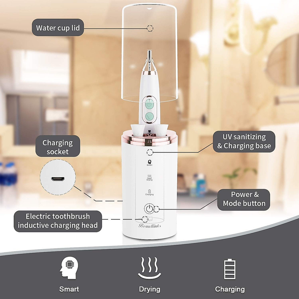 Beautlinks Electric Toothbrush, Power Toothbrush with 5 Modes, 2-Min Smart Timer, 2 Brush Heads, Travel Bag Included for Travel and Home Use