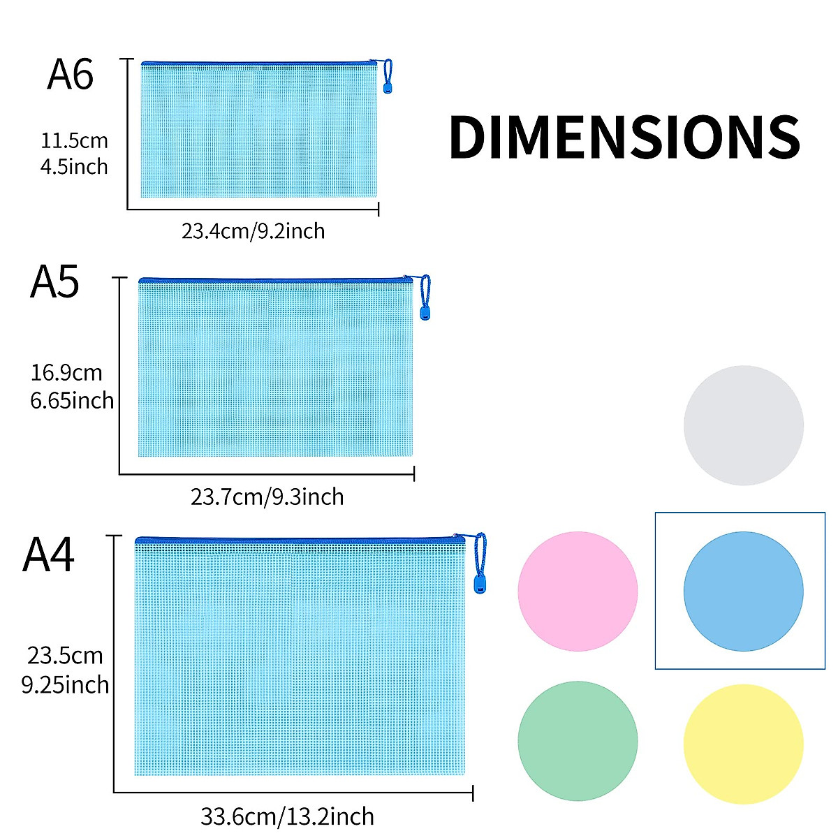 Toplive Plastic Mesh Zipper Pouch, 15 Packs (A4/A5/A6 Size,5 Colors) Waterproof Mesh Bag Document Bag File Folder for School Office Supplies