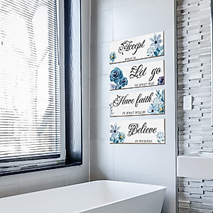 Joyhawk 4 Pieces Blue Flower Wall Decor For Bedroom, Accept-Let go-Have faith-Believe Wooden Inspirational Wall Art Decorations for Living Room Bathroom,Rustic Wooden Farmhouse Home Decor, 12 x 4 Inch