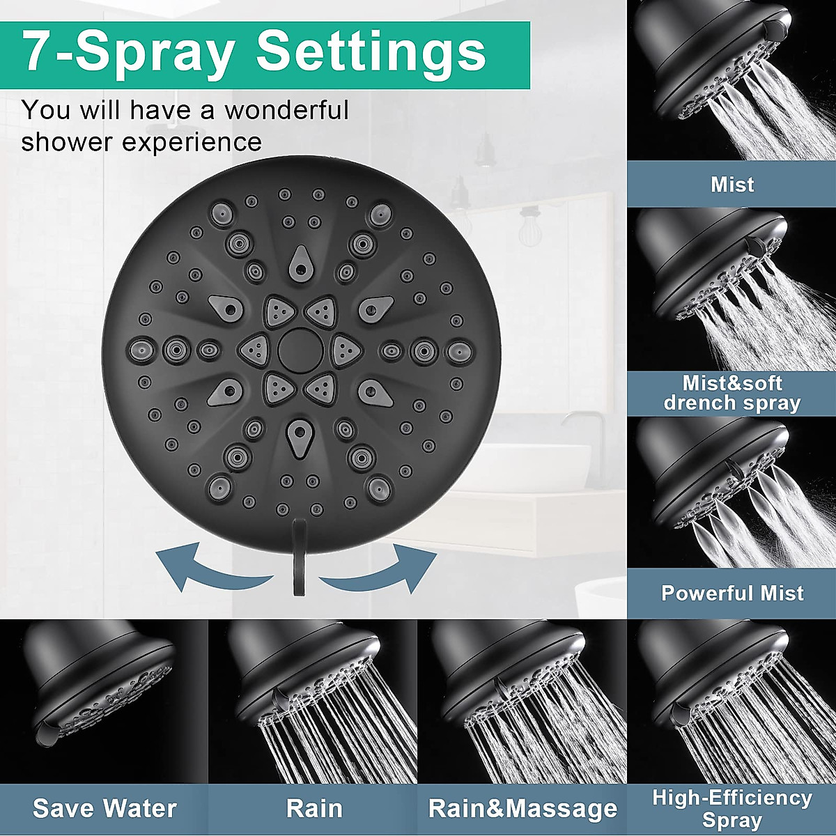 Cobbe High Pressure 7-mode Filtered Shower Head - Luxury Modern Black Look - 16 Stage Shower Head Filter for Hard Water for Remove Chlorine and Harmful Substances