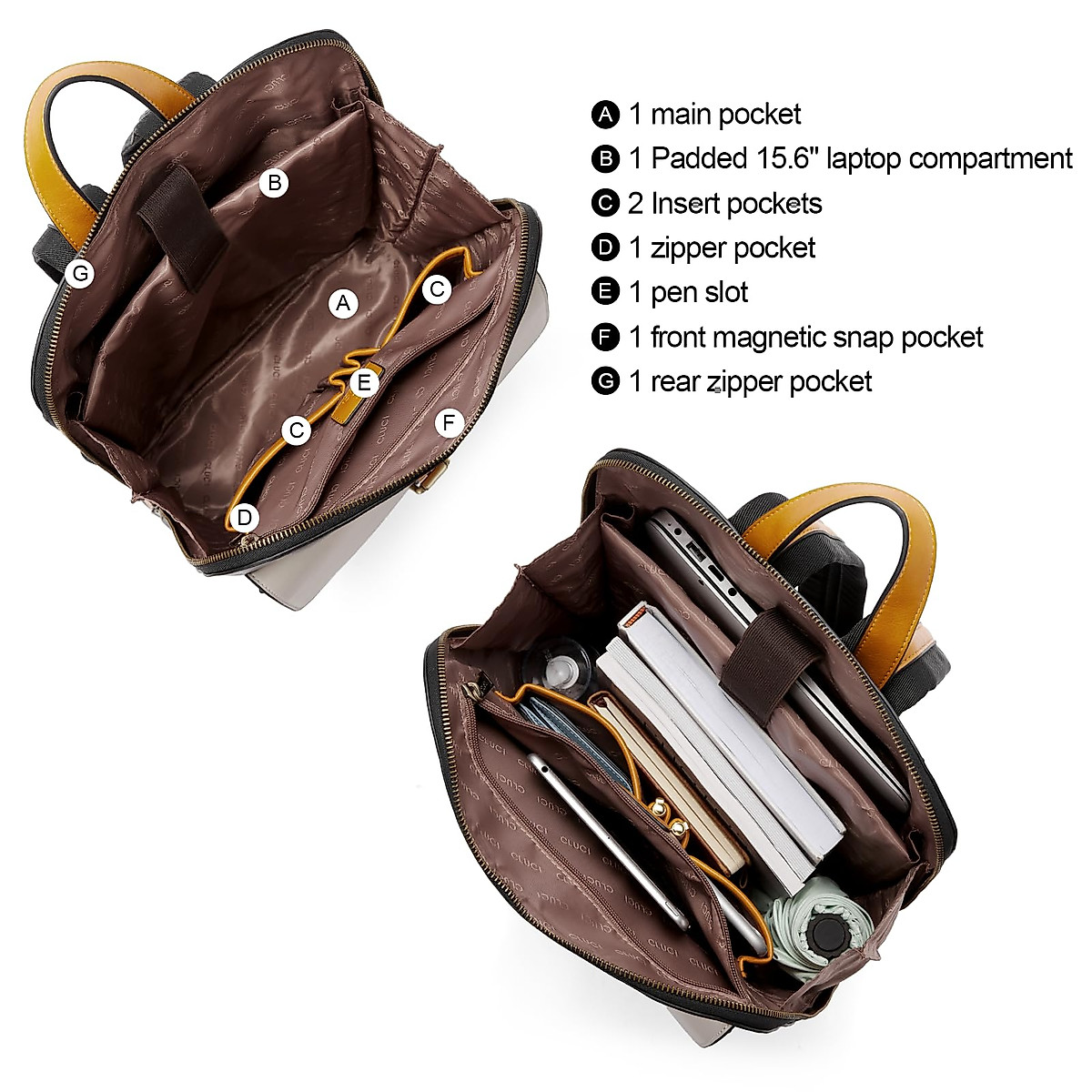 CLUCI Leather Laptop Backpack for Women 15.6 inch Computer Backpack Stylish Travel Backpack Purse for Women Work Daypack Bag Black-white with yellow