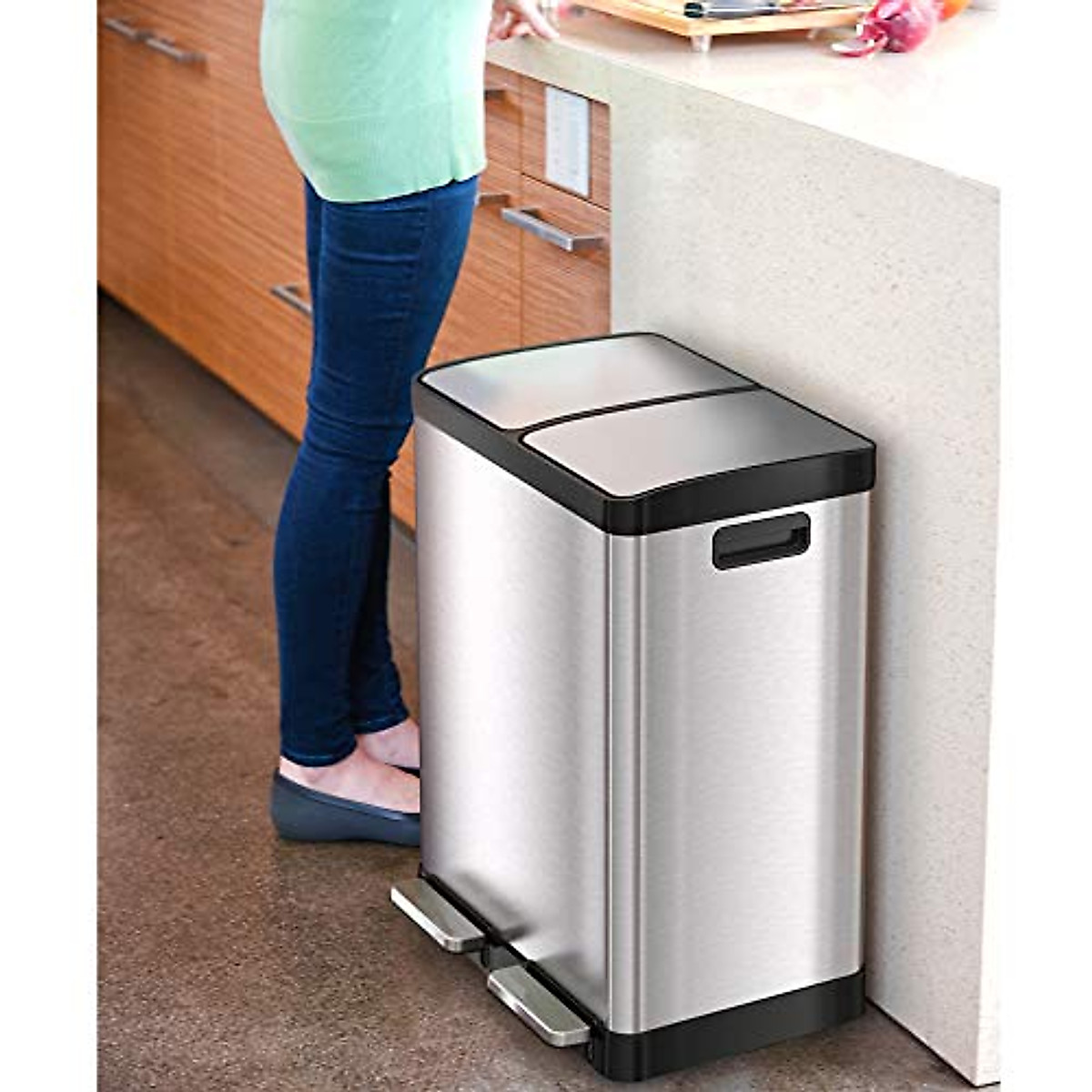 iTouchless 16 Gallon Dual Step Trash Can & Recycle, Stainless Steel Lid and Bin Body with Handle, Includes 2 x 8 Gallon (60L) Removable Buckets are Color-Coded, Soft-close and Airtight Lid, Silver