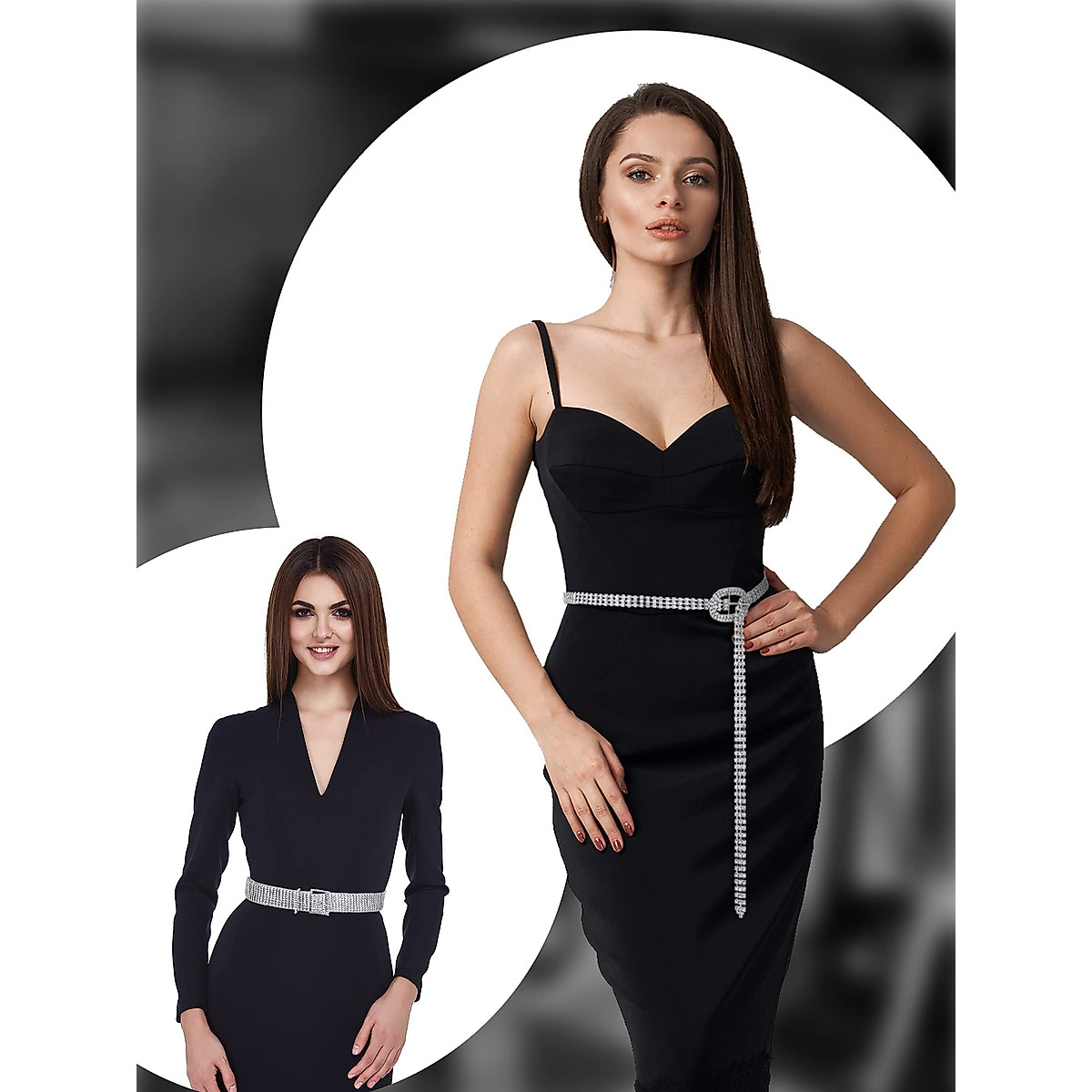 Geyoga 2 Pieces Women Rhinestone Belt for Dress Crystal Diamond Waist Belt Shiny Rhinestone Wide Waist Belt Ladies Belt (Silver,Medium, Fit Waist Size 27-34 Inch)