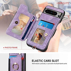 JanCalm for Pixel 8 Pro Case,Card Holder Wallet for Google Pixel 8 Pro Case,Ring Stand,RFID-Blocking,Wrist Strap,Camera Protector,Leather Protective Magnetic Flip Cover (Purple, 8 Pro 6.7 Inches)