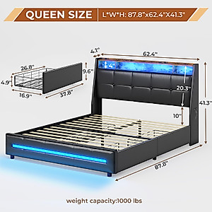 MSmask Queen Bed Frame with 4 Storage Drawers, Charging Station and LED Lights, Upholstered Bed Frame with Button Tufted Wingback Headboard, LED Bed Frame Queen Size, No Box Spring Needed, Black