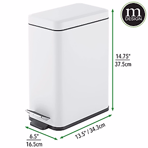 mDesign Pedal Bin — Household Bin with Pedal, Lid and Plastic Bucket Insert for Bathroom, Kitchen, and Office — Metal Rubbish Bin with Ergonomic Design — White
