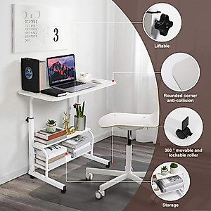 Raathionty Adjustable Home Office Desk Portable Study Computer Rolling Desk for Small Spaces Movable Sofa Side Table on Wheels Student Small Laptop Desk with Storage White Size 31x16 Inch