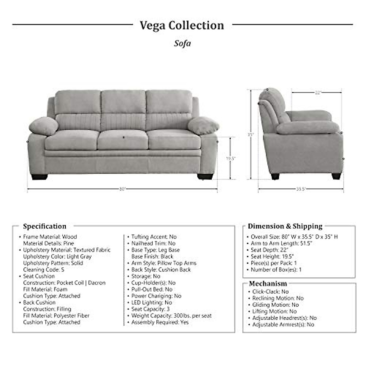 Lexicon Vega Living Room Sofa, Light Gray