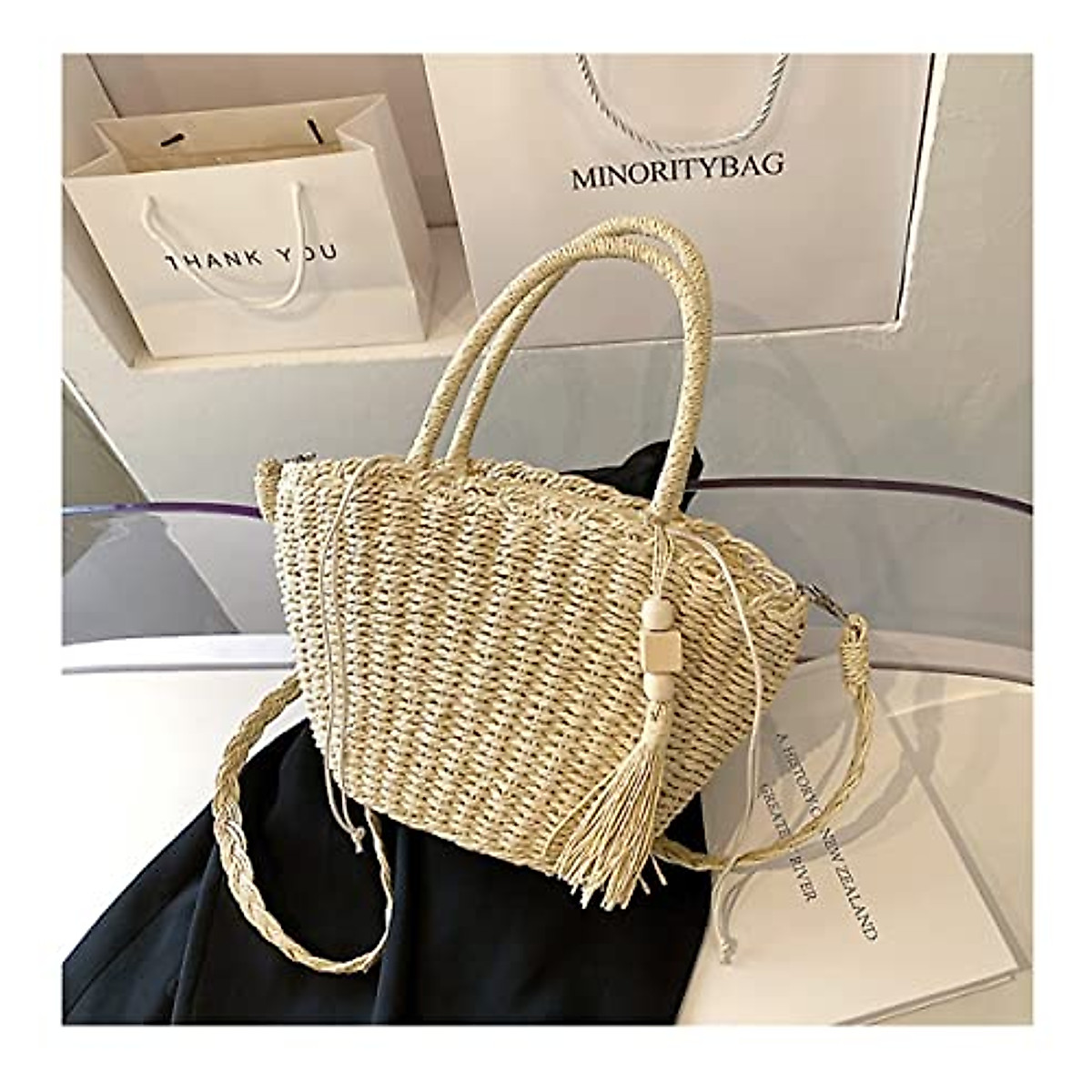 abigail paige Women Straw Handbags For Summer Beach Weave Shoulder Bag Rattan With Tassel (beige)
