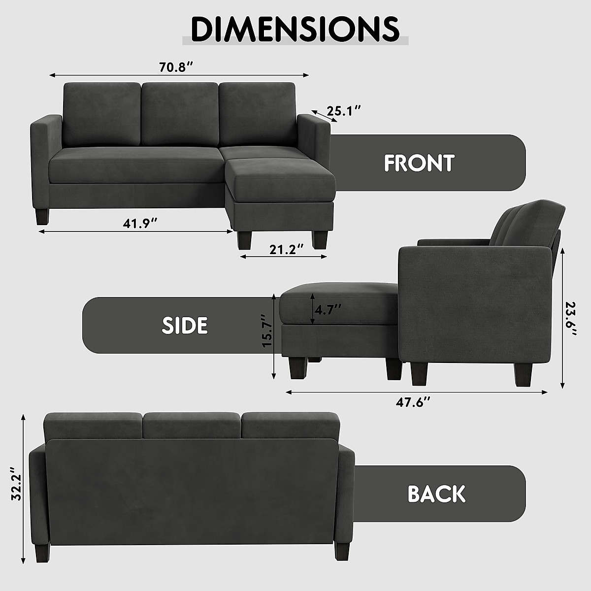 YESHOMY Convertible Sectional 3 L-Shaped Couch Soft Seat with Modern Linen Fabric, Space-Saving Sofas for Living Room, Apartment and Office, 70'', Dark Gray
