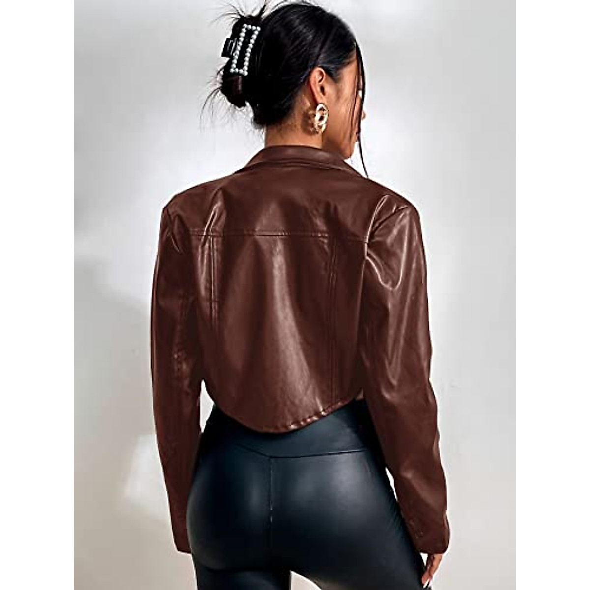 SweatyRocks Women's PU Leather Cropped Coat Casual Button Front Jacket with Bust Pocket Solid Brown M