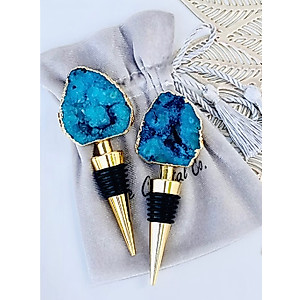 LUXE CRYSTAL CO. Handcrafted Teal Green Natural Crystal Geode Agate Druzy Gold Electroplated Crystal Wine Champagne Stopper Handmade Bottle Barware Housewarming Bridal Shower Gift